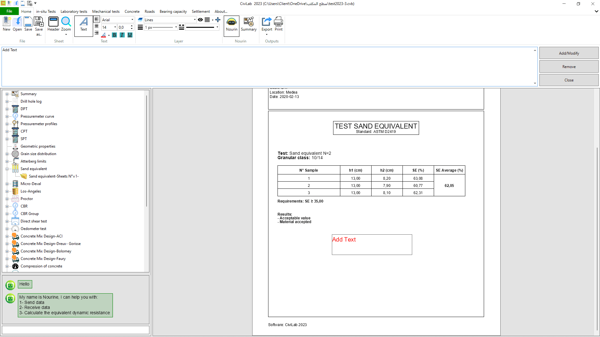 CiviLab: Soil software | Sand equivalent test
